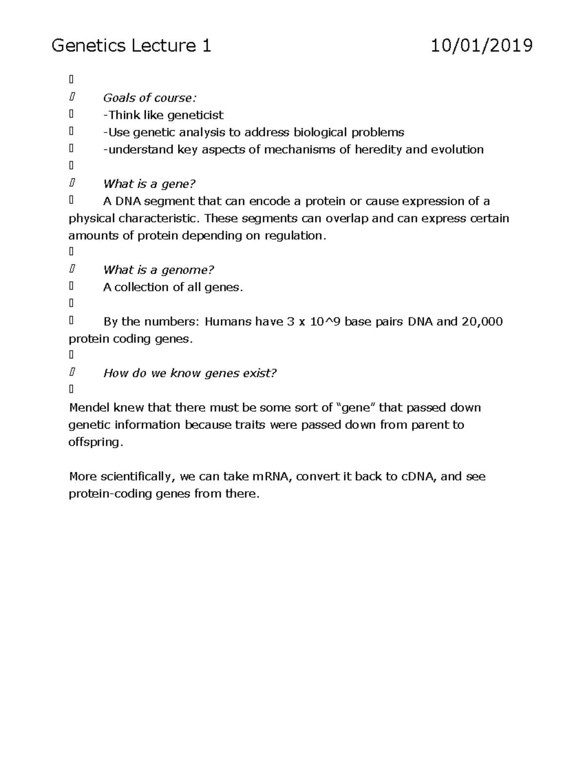 Bi 122 Genetics In-Class Notes - Genetics Lecture 1 10/01/ Goals of ...