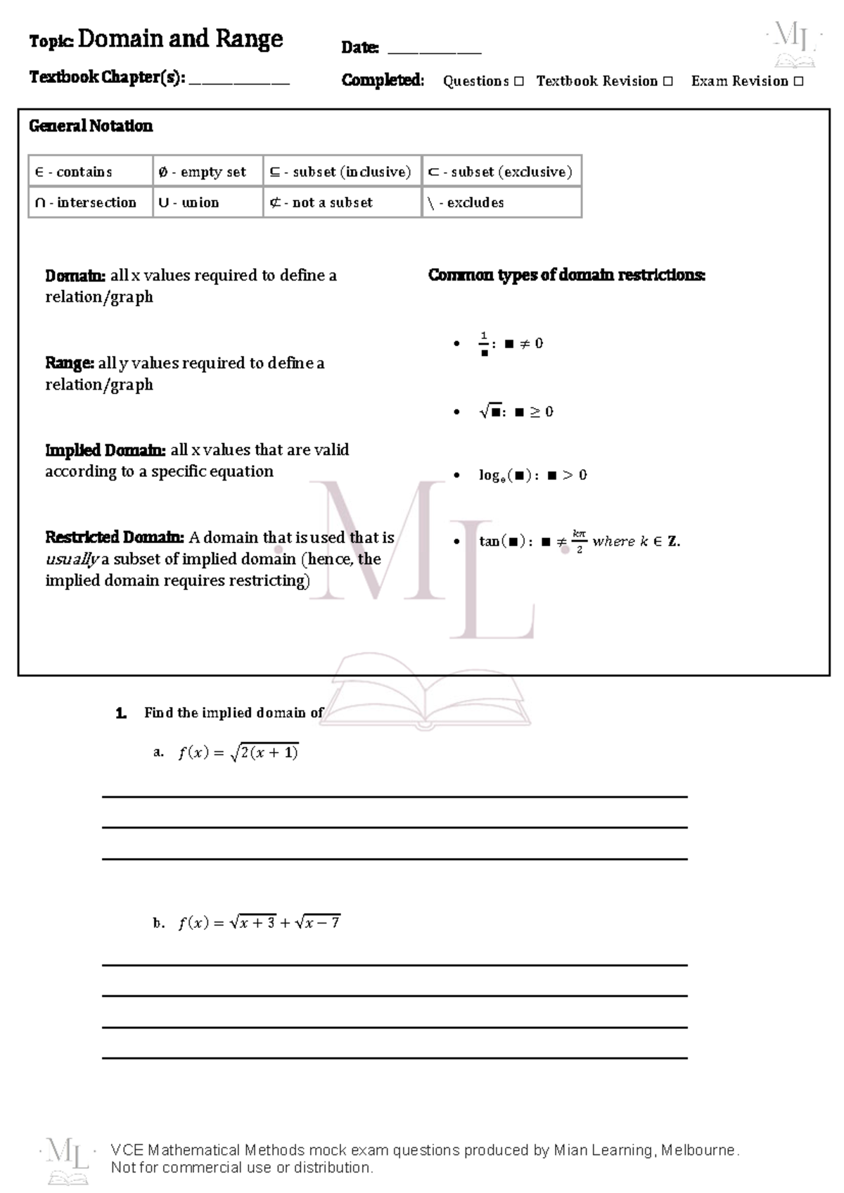 Domain and Range Mastery - VCE Mathematical Methods mock exam questions ...