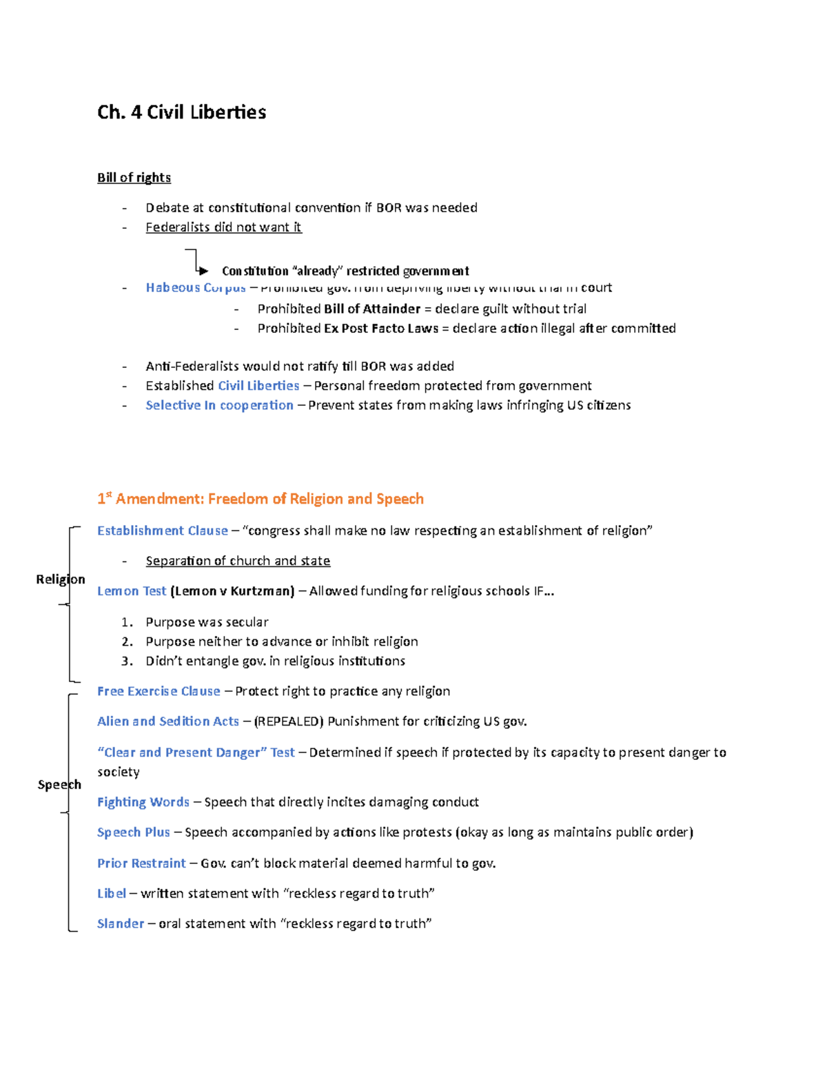 Ch. 4 Civil Liberties - Power point notes and from textbook We the ...