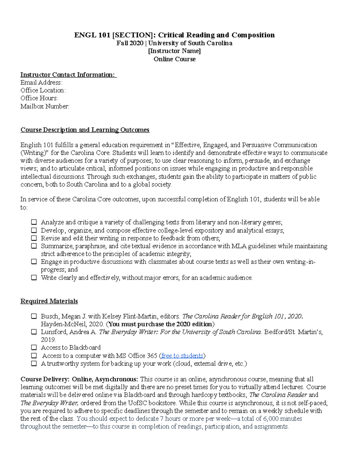 ENGL 101 Standard Syllabus - ENGL 101 [SECTION]: Critical Reading and ...