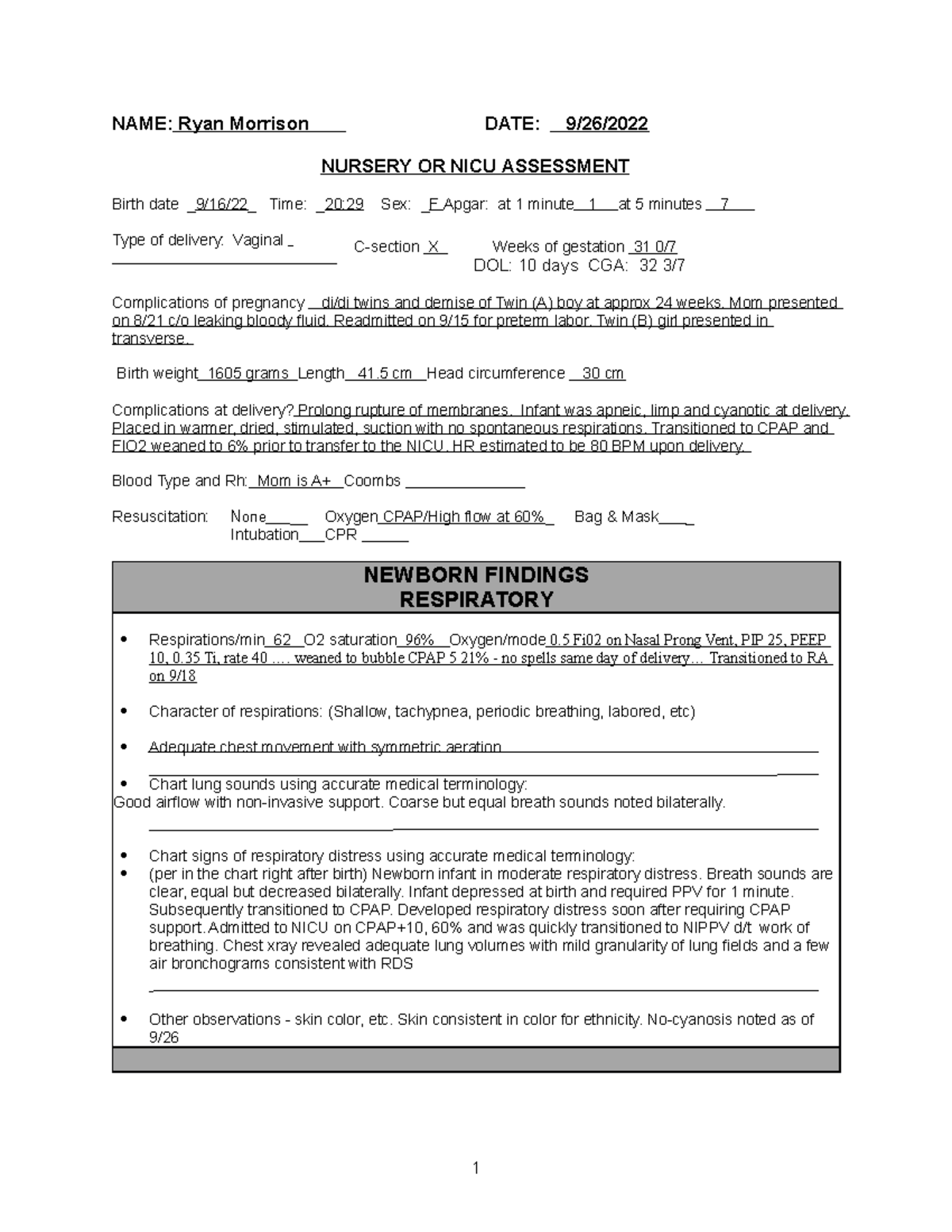 NURS 201 NICU Packet 2 - Lecture notes - NAME: Ryan Morrison DATE: 9/26 ...