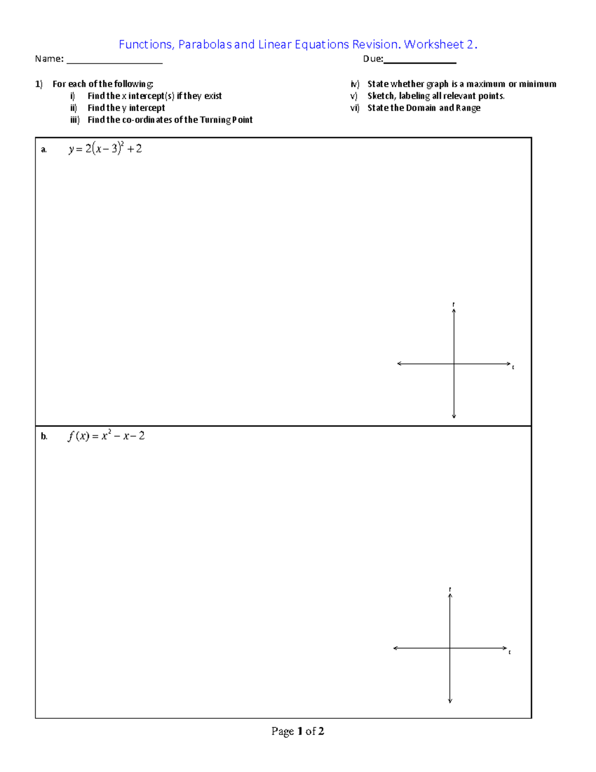 Functions, Parabolas and Linear Equations Revision. Worksheet 2 - Page ...