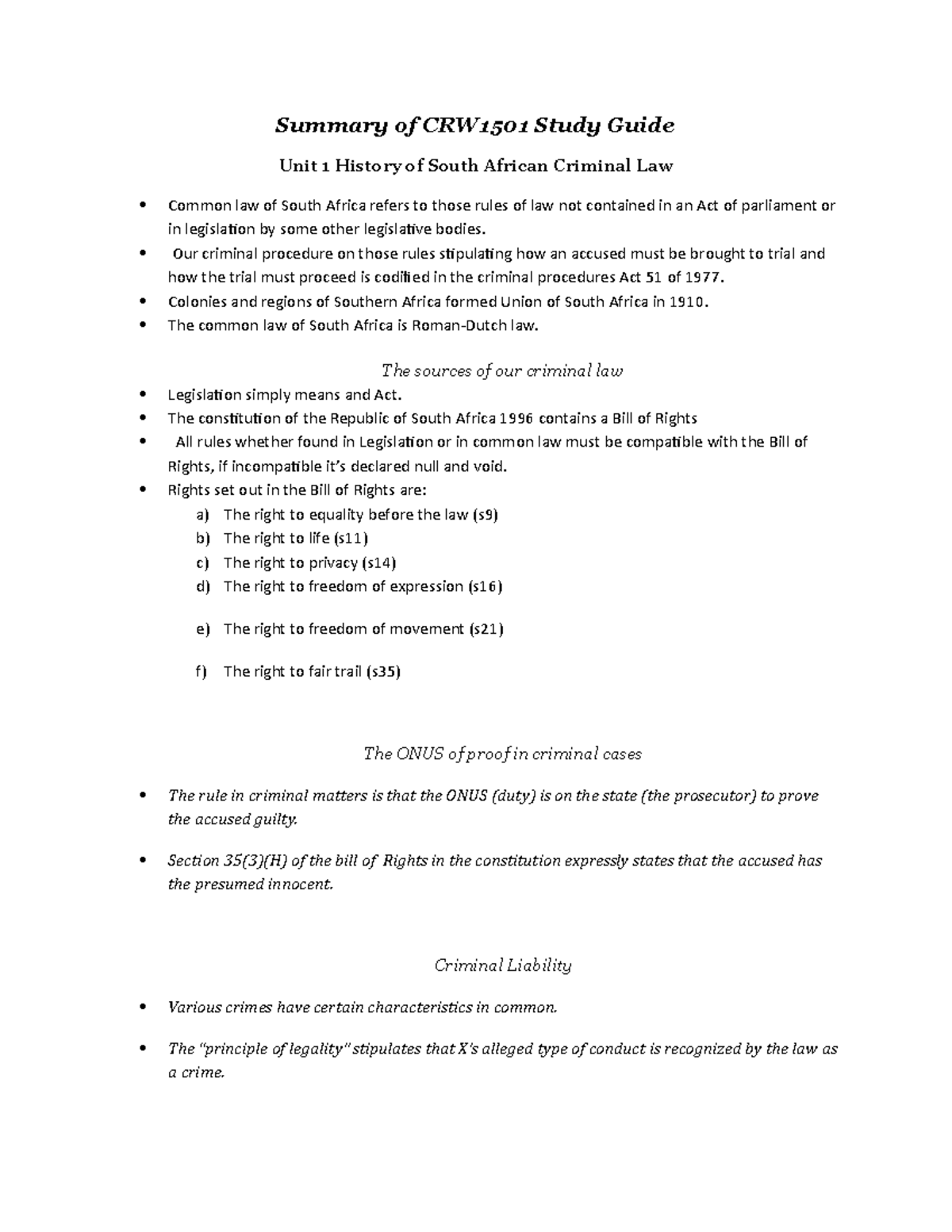 Summary of CRW1501 Study Guide - Our criminal procedure on those rules ...