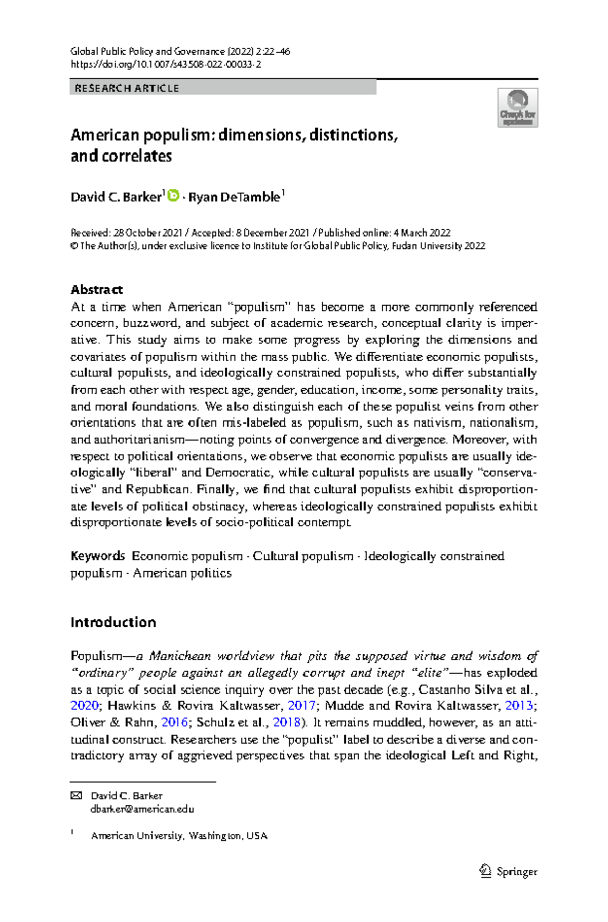 American populism - dimensions, distinctions, and correlates - Vol ...