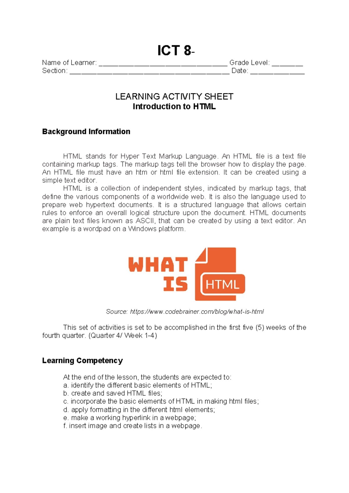 ICT 8: Introduction to HTML part 1 - ICT 8 Name of Learner