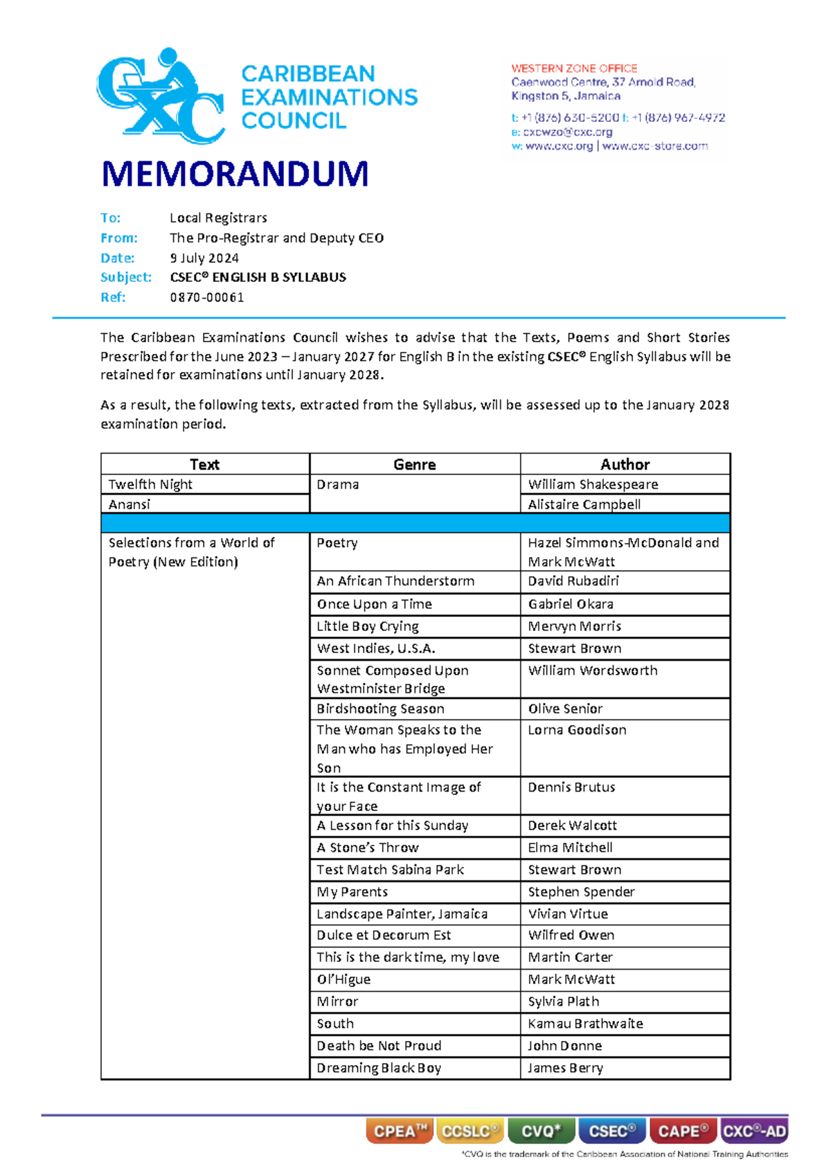 SCD Memo Csecenglish B 9July2024 - MEMORANDUM To: Local Registrars From ...