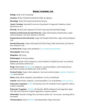 Biology Vocabulary List - Biology Vocabulary List Biology: Study of all ...