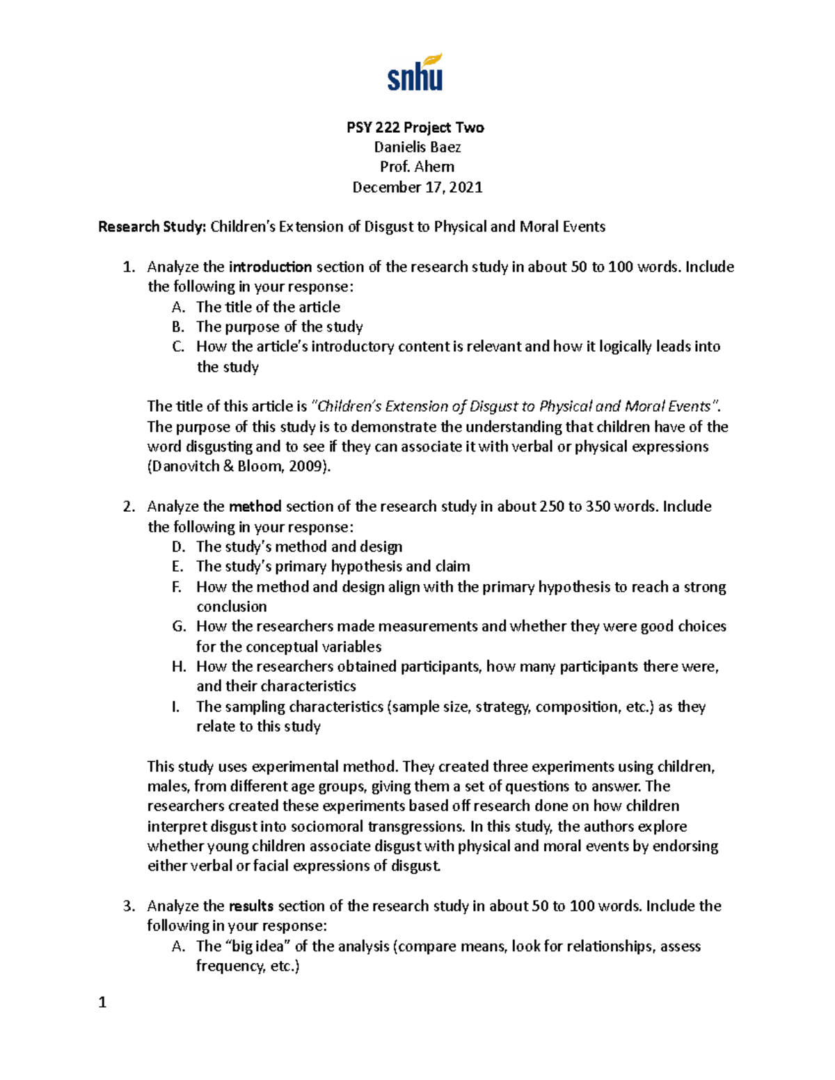 PSY222 Project Two - PSY 222 Project Two Danielis Baez Prof. Ahern December 17, 2021 Research ...