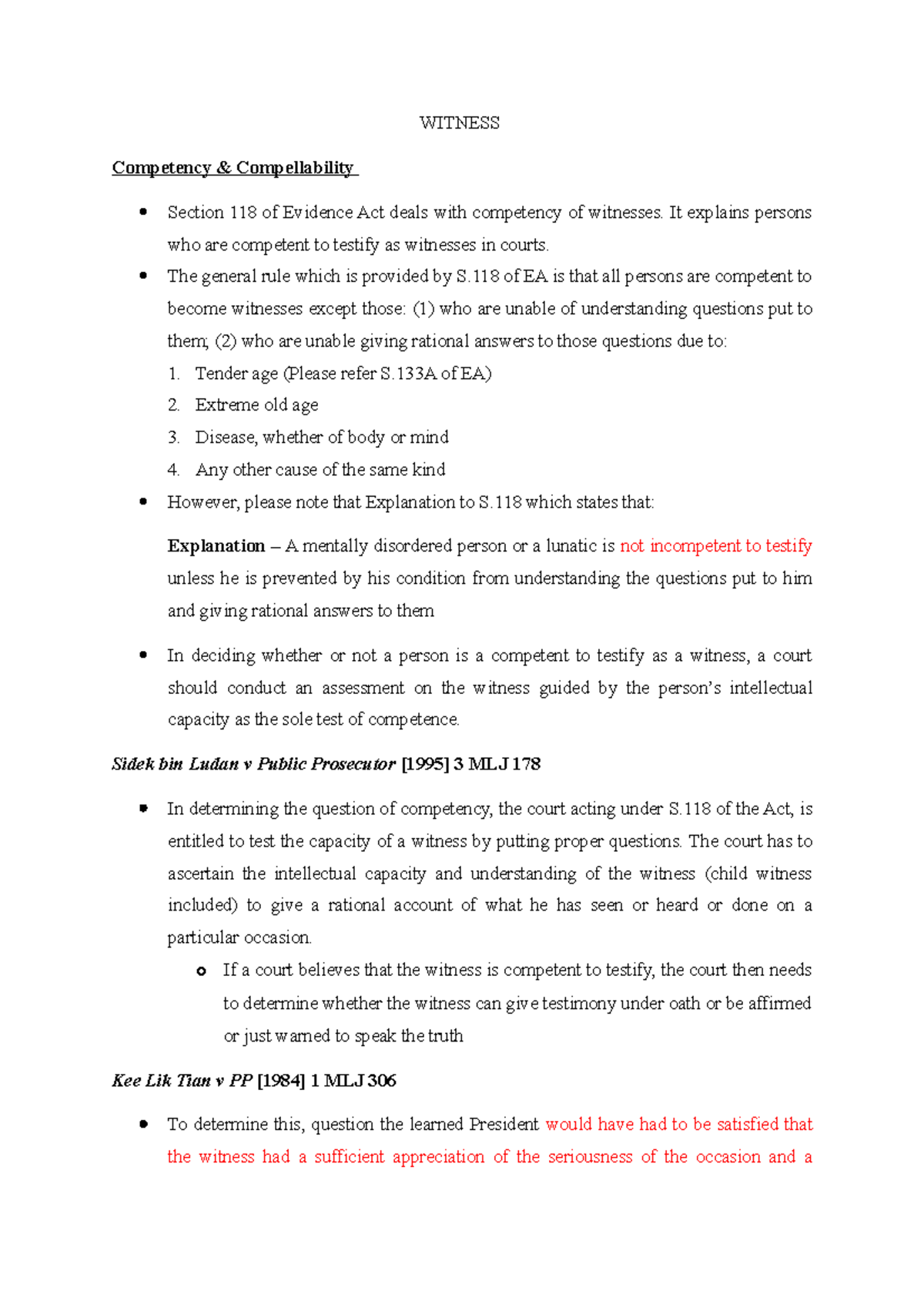 Part 1 of Witness Notes - WITNESS Competency & Compellability Section ...