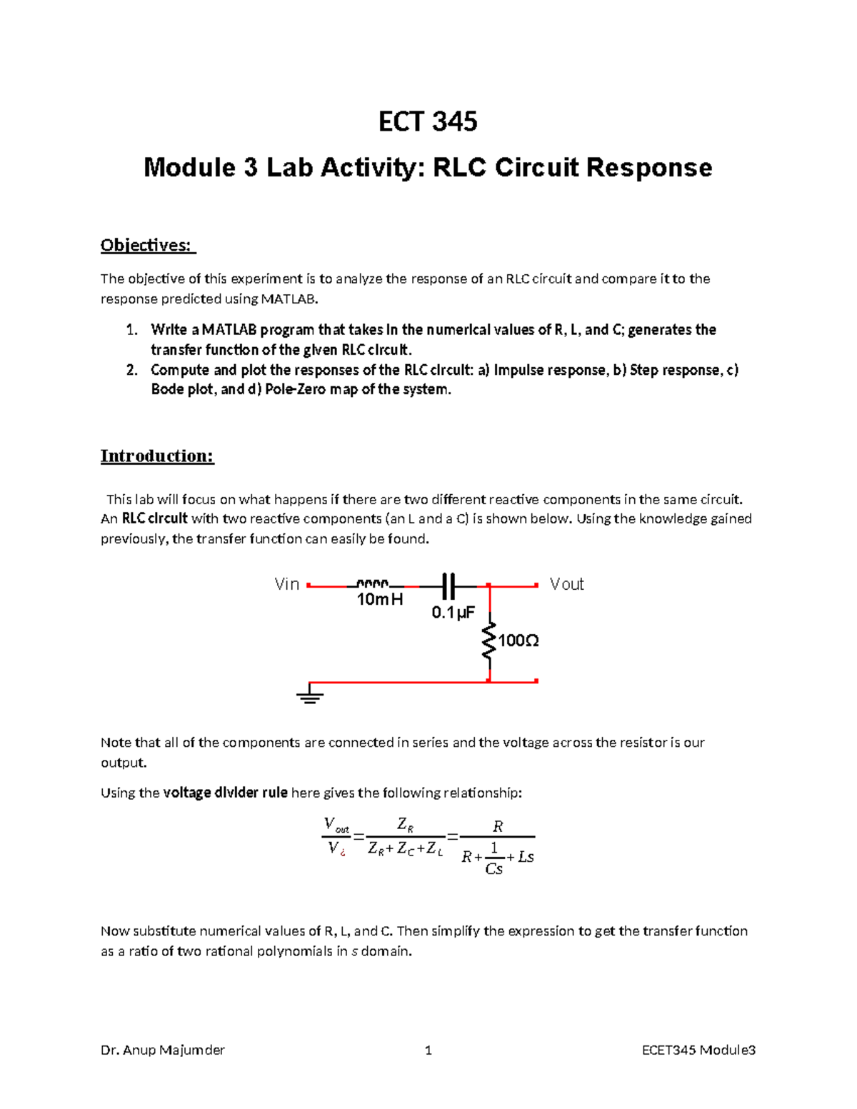ECT345 Lab Instruction Module 3 - ECT 345 Module 3 Lab Activity: RLC Circuit Response Objectives ...