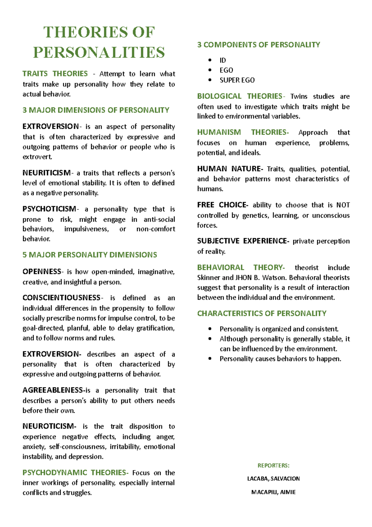 Theories Of Personalities Handout Theories Of Personalities Traits