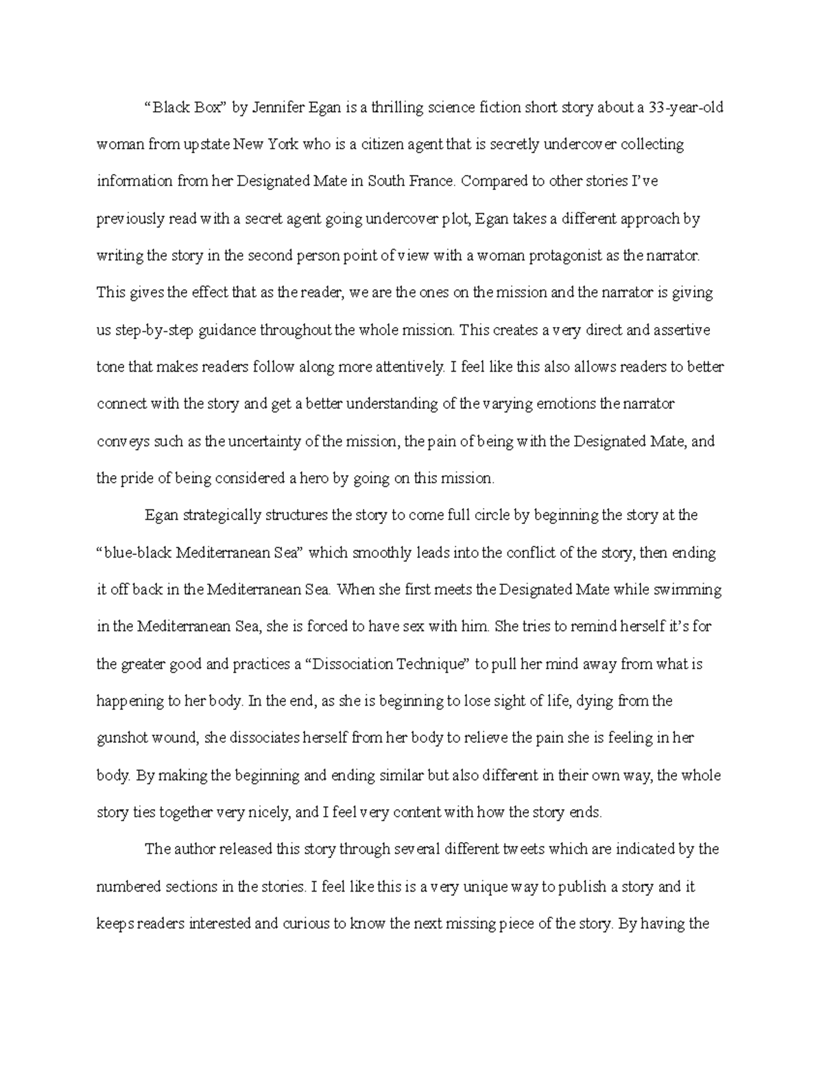 Response Black Box - Prof. Hardina - “Black Box” by Jennifer Egan is a ...