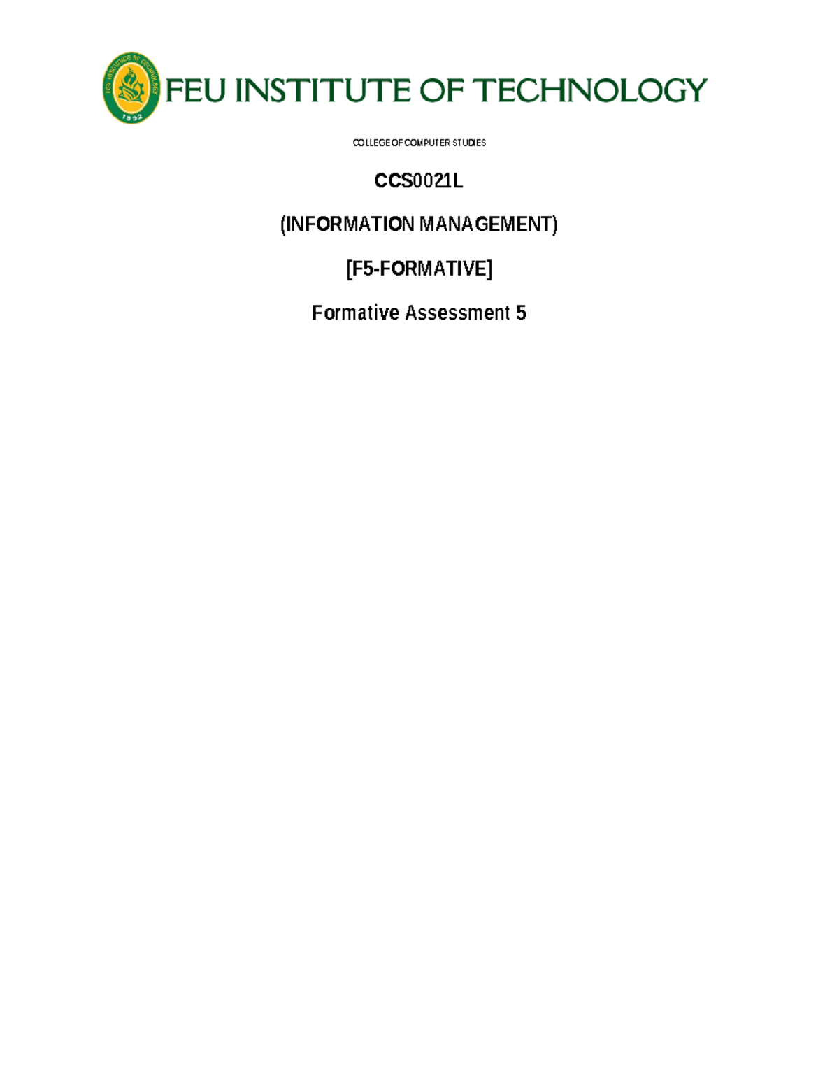 [F5- Formative] Formative Assessment 5 ver 2 - ####### COLLEGE OF ...