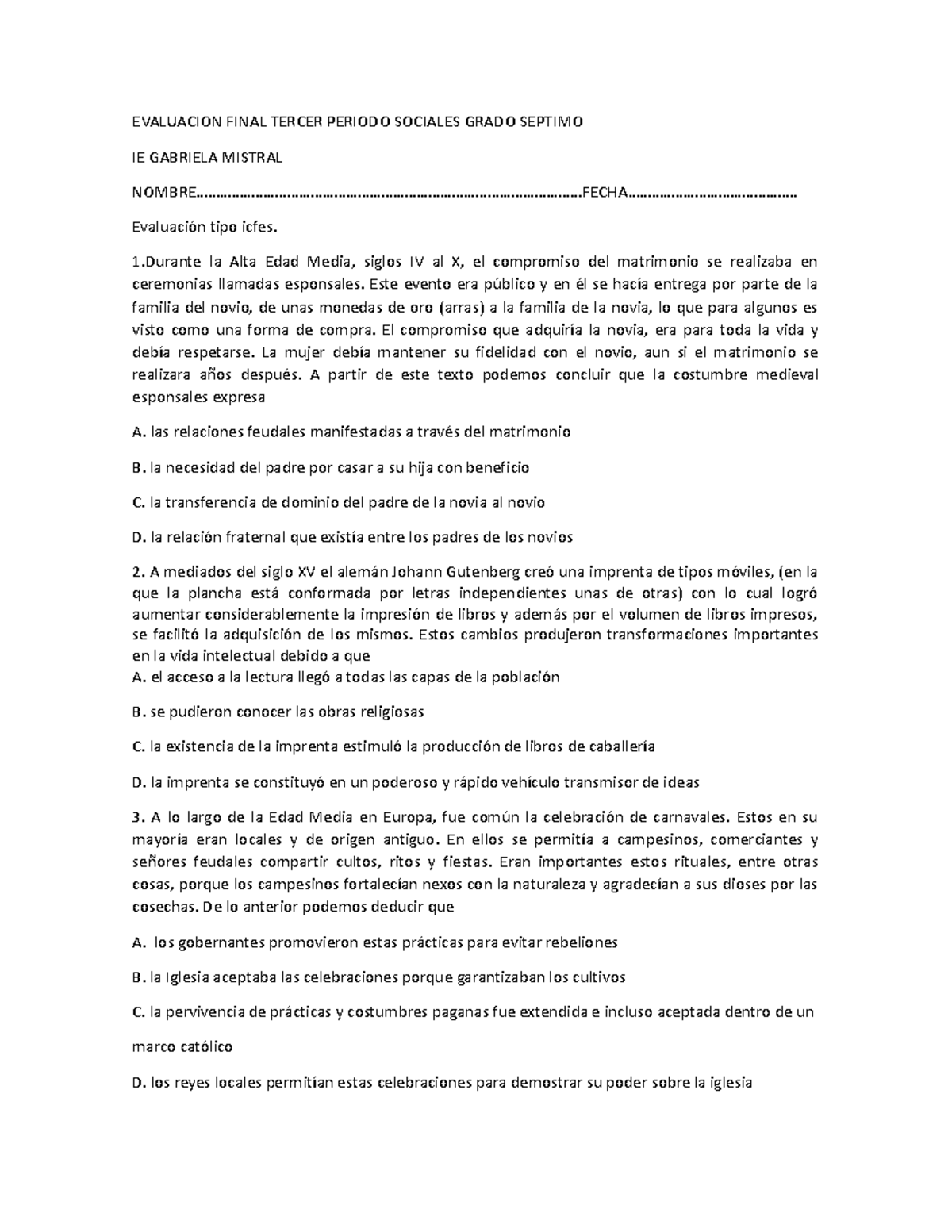 Evaluacion Final Tercer Periodo Sociales Grado Septimo - EVALUACION FINAL TERCER PERIODO ...