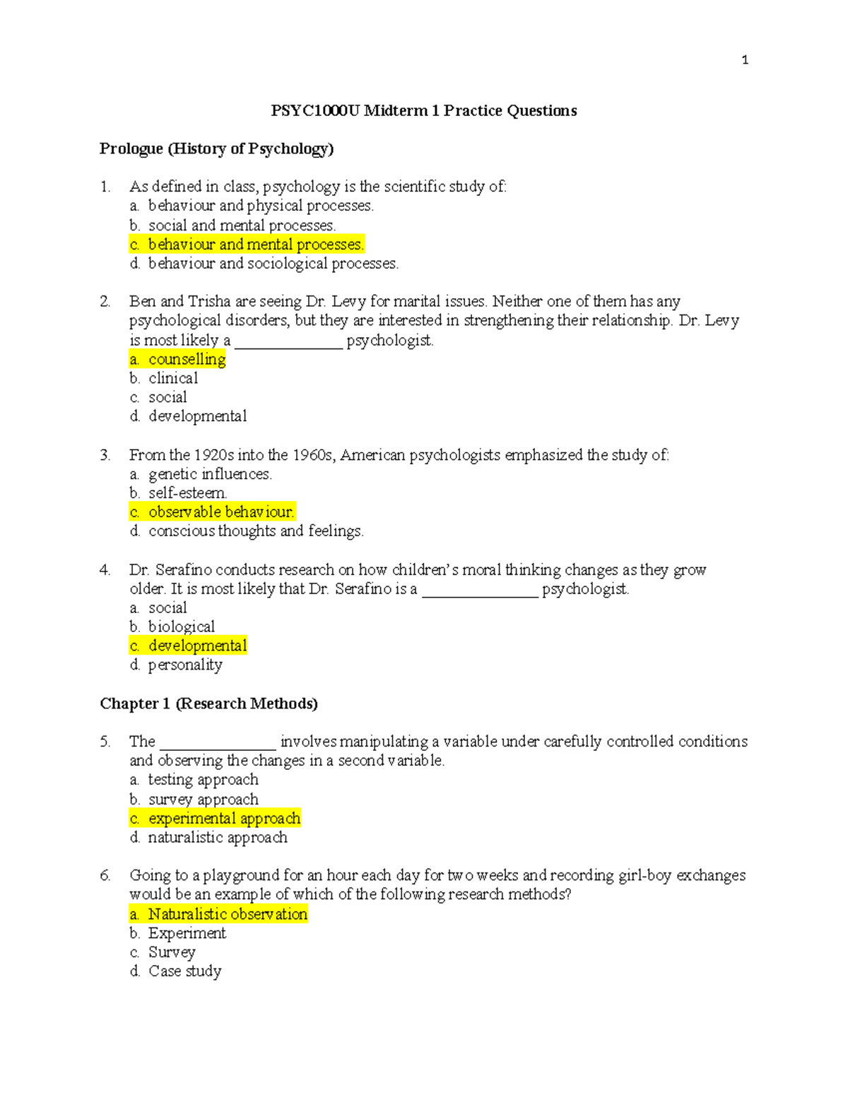 PSYC 1000U Midterm 1 Practice Questions - PSYC1000U Midterm 1 Practice Questions Prologue ...