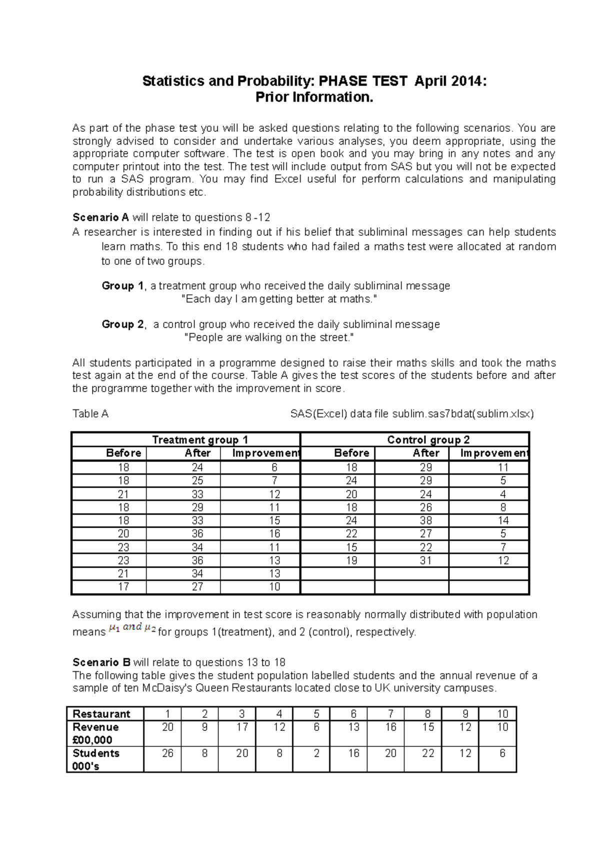 Phase Test 3 paper - Statistics and Probability: PHASE TEST April 2014 ...