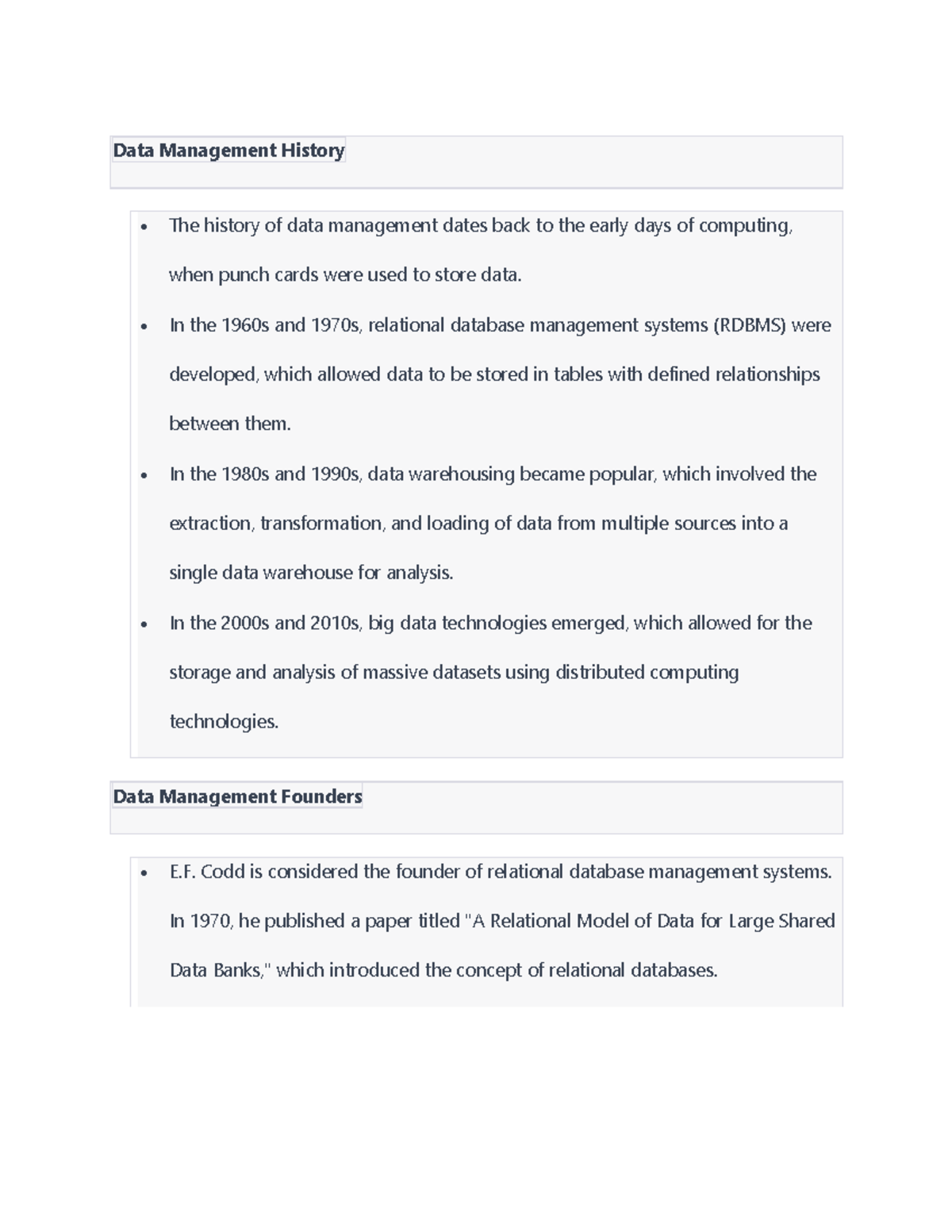 Data management history notes - Data Management History • The history ...