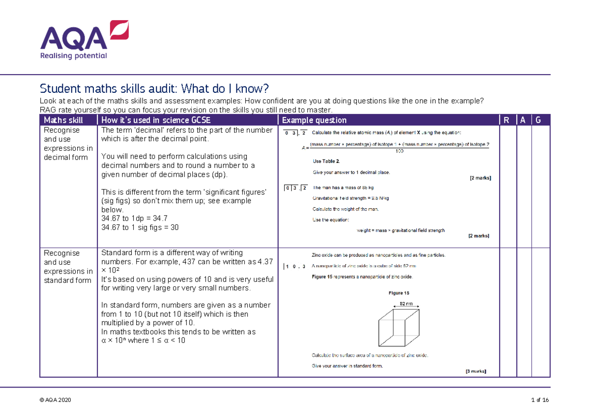 Maths in science - Student maths skills audit v1 - © AQA 2020 1 of 16 ...