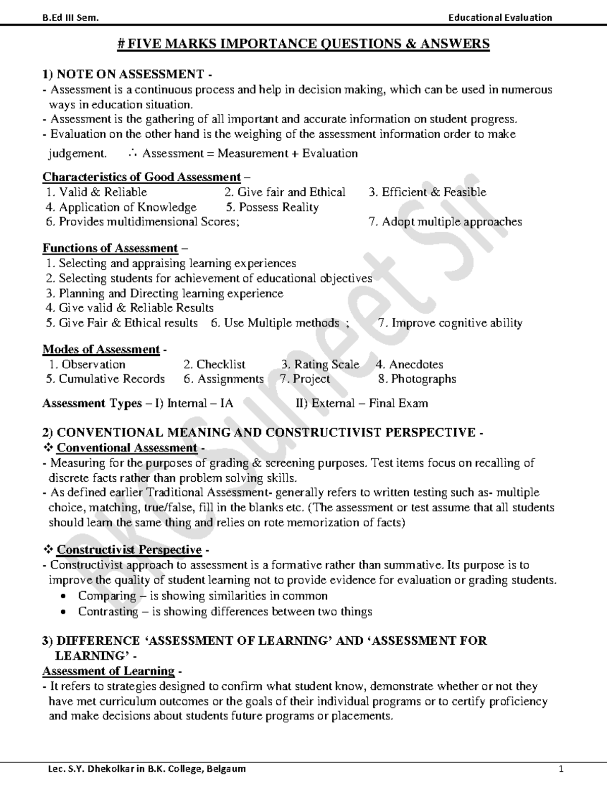 Edu Evln - # FIVE MARKS IMPORTANCE QUESTIONS & ANSWERS 1) NOTE ON ...