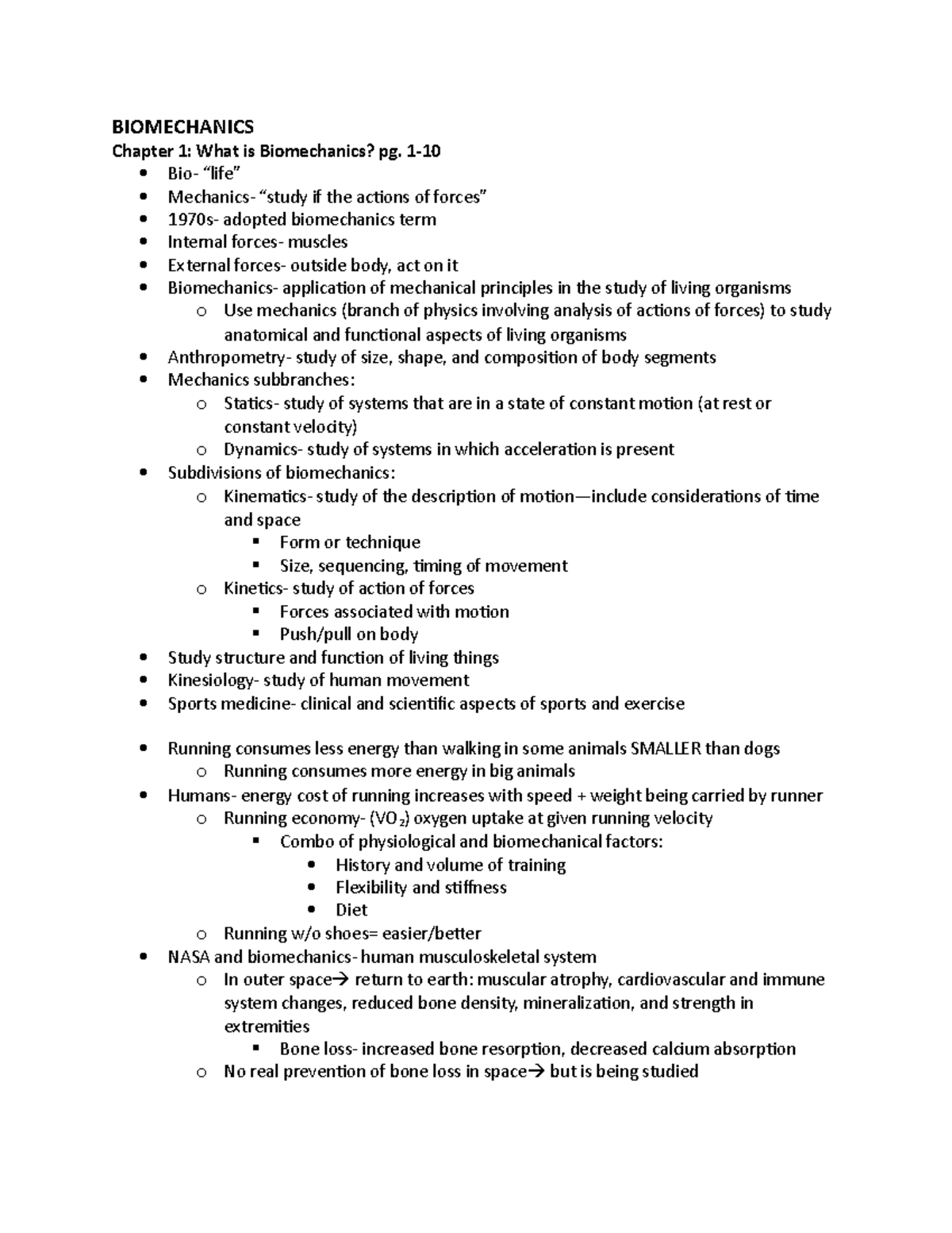 Ch1:2:10 notes - reading for lecture - BIOMECHANICS Chapter 1: What is ...
