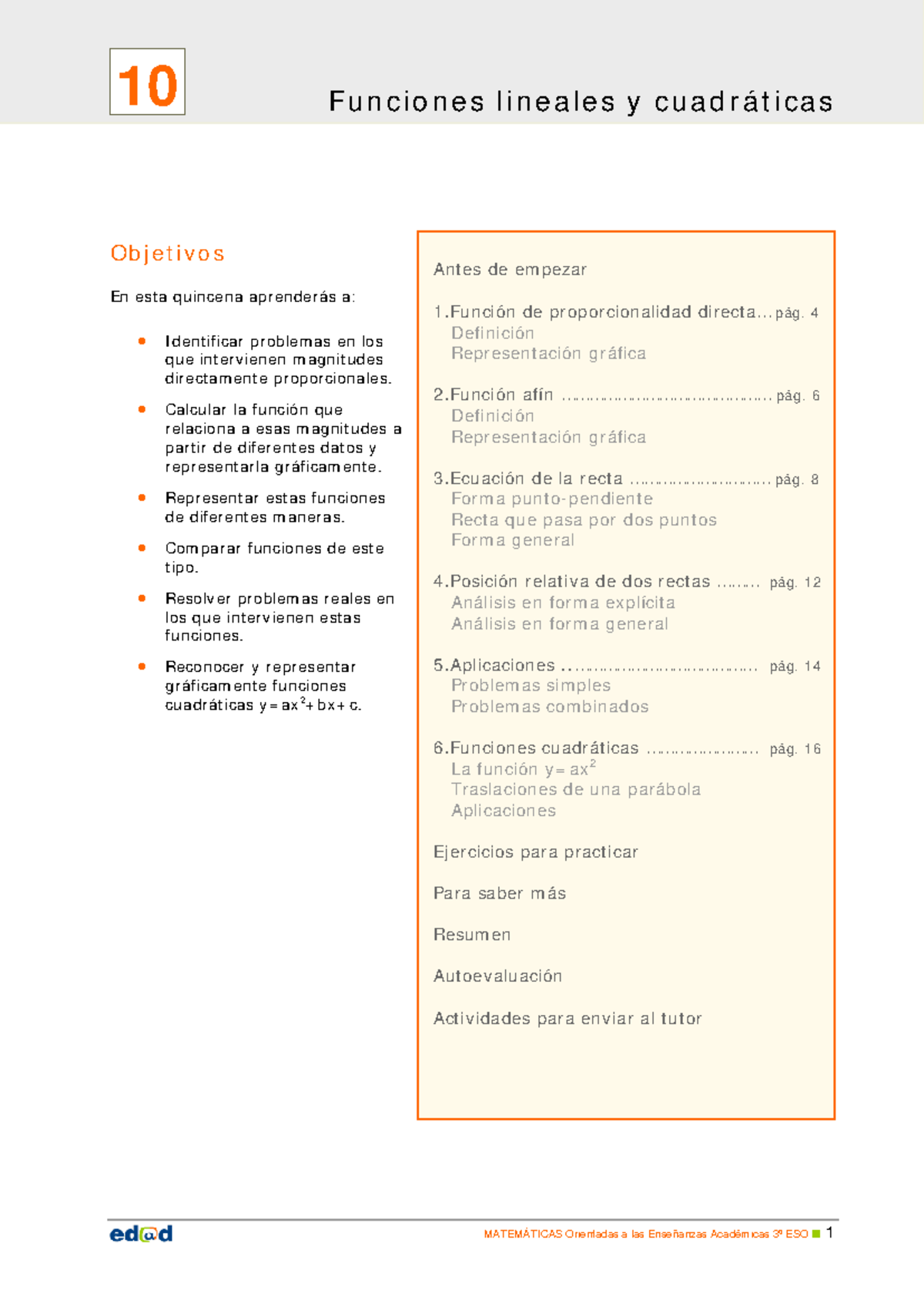 Funcion lineal Y CUADRATICA - ####### MATEMÁTICAS Orientadas a las Enseñanzas Académicas 3º ESO ...