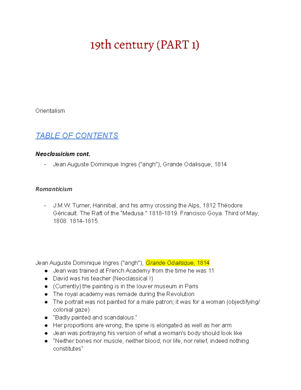 19th Century (PART 1) - 19th century (PART 1) Orientalism TABLE OF ...