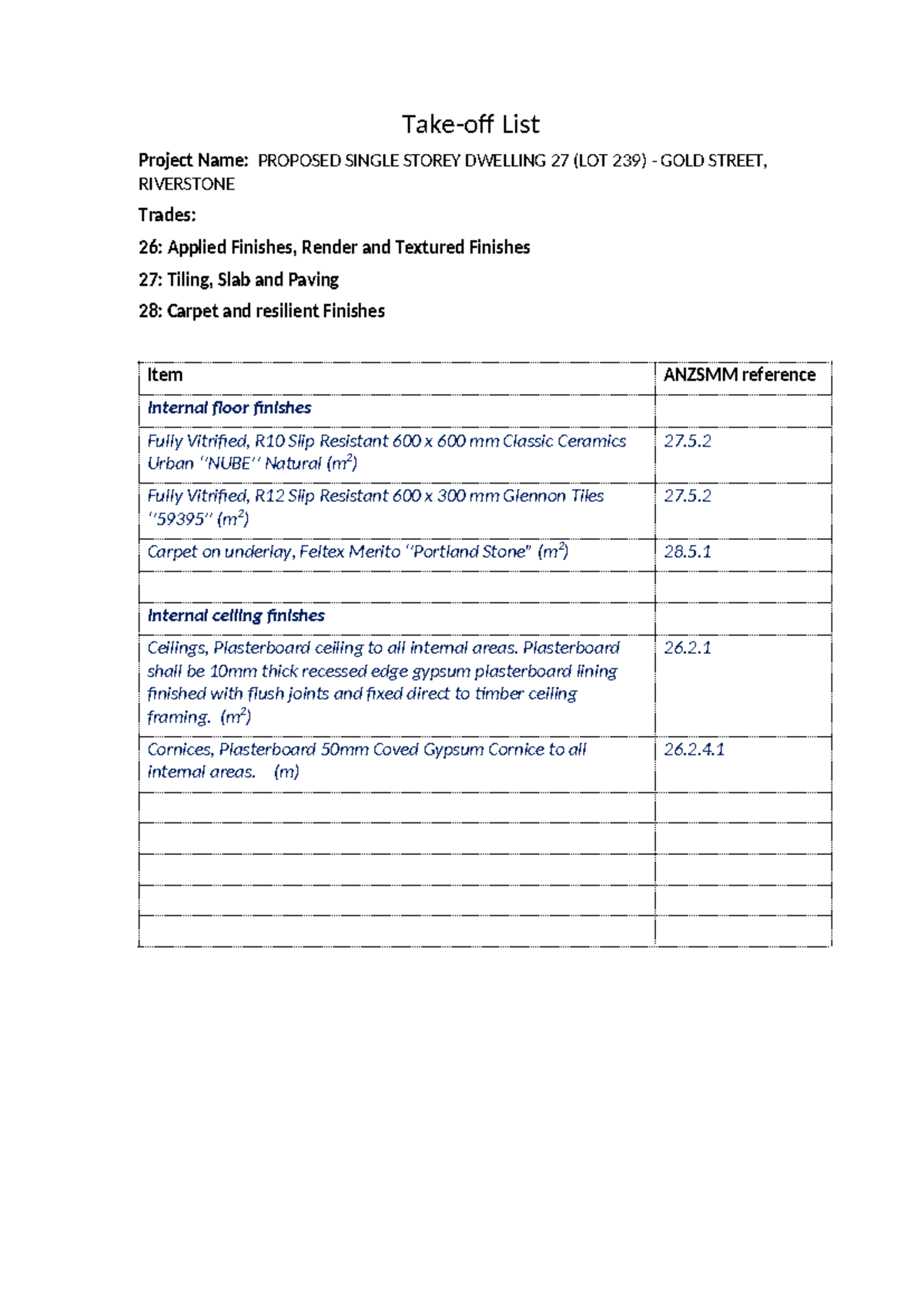 Take off list 1 - template - Take-off List Project Name: PROPOSED ...