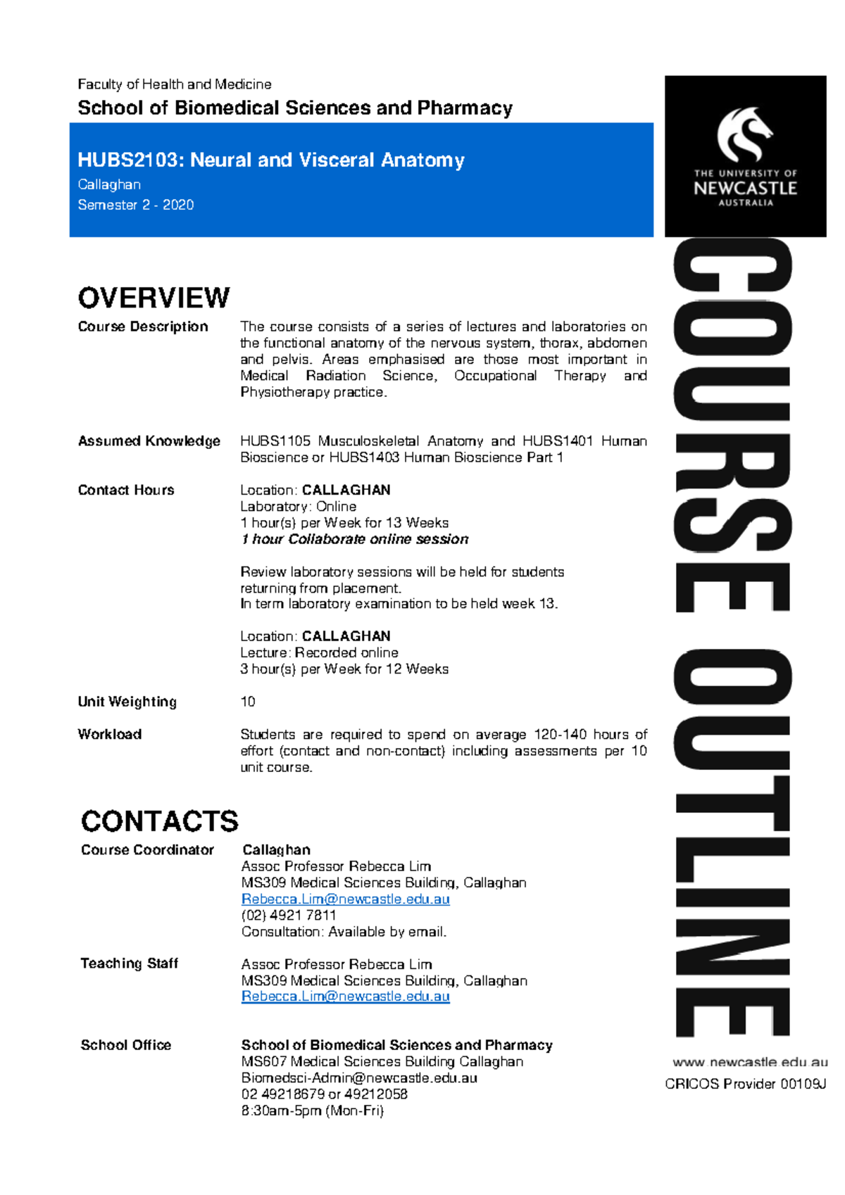 HUBS2103 Sem 2 2020 Course Outline - Faculty of Health and Medicine ...