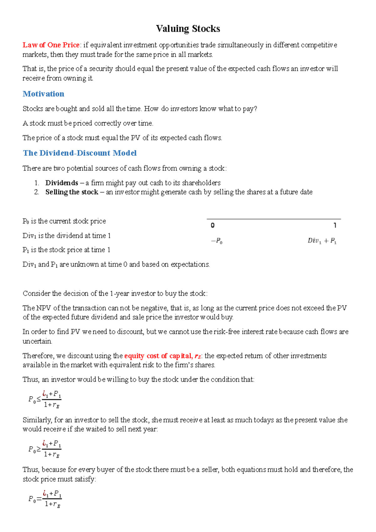 5. Valuing Stocks - Foredragsnoter 5 - Valuing Stocks Law of One Price ...