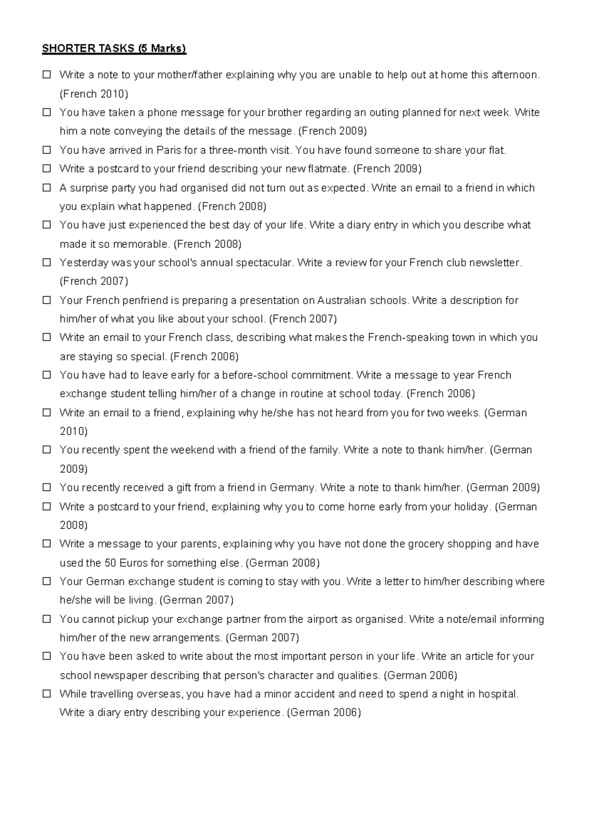 Languages Practice Questions - Short Writing Tasks - SHORTER TASKS (5 ...