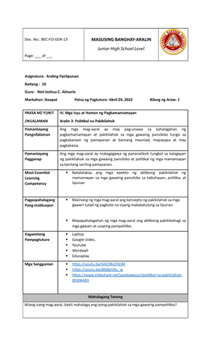 Detailed Lesson Plan Aralin 3 Politikal na Pakikilahok - Page: ___ of ...