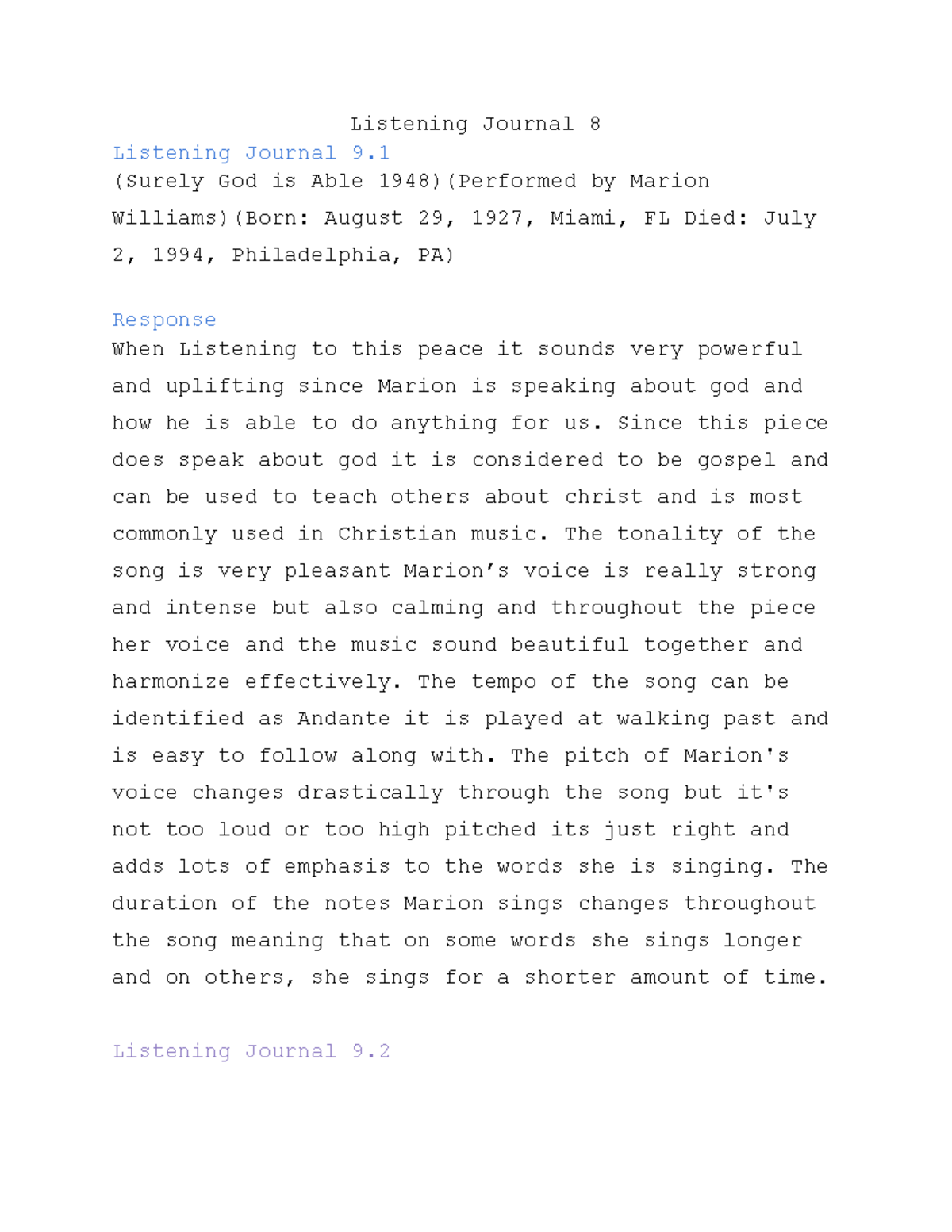 Listening Journal 8 - Women, Music, Culture - Listening Journal 8 ...