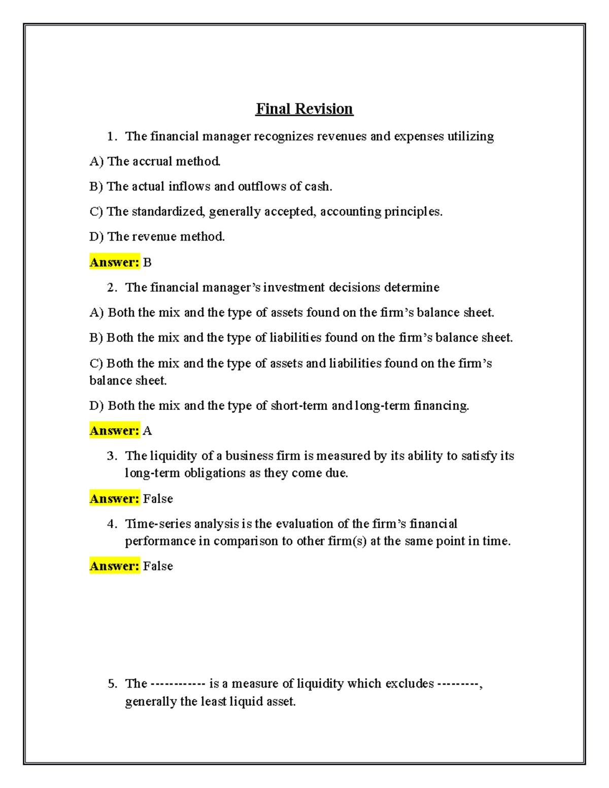 Final Revision - notes - Final Revision The financial manager ...