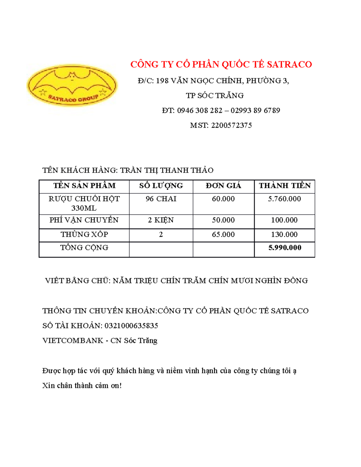 HÓA ĐƠN RƯỢU. CHỊ THẢO - sfdsf - CÔNG TY CỔ PHẦN QUỐC TẾ SATRACO Đ/C ...