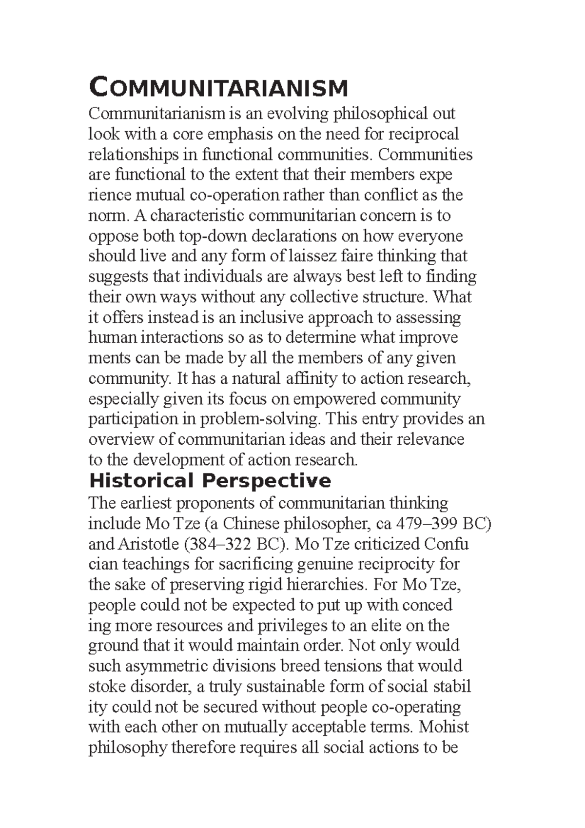 Communitarianism - COMMUNITARIANISM Communitarianism is an evolving ...