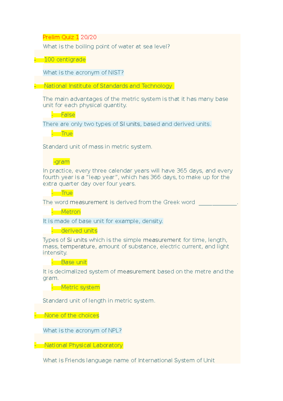 Prelim Quiz 1 20 - Prelim Quiz 1 20/ What is the boiling point of water at sea level? 100 ...