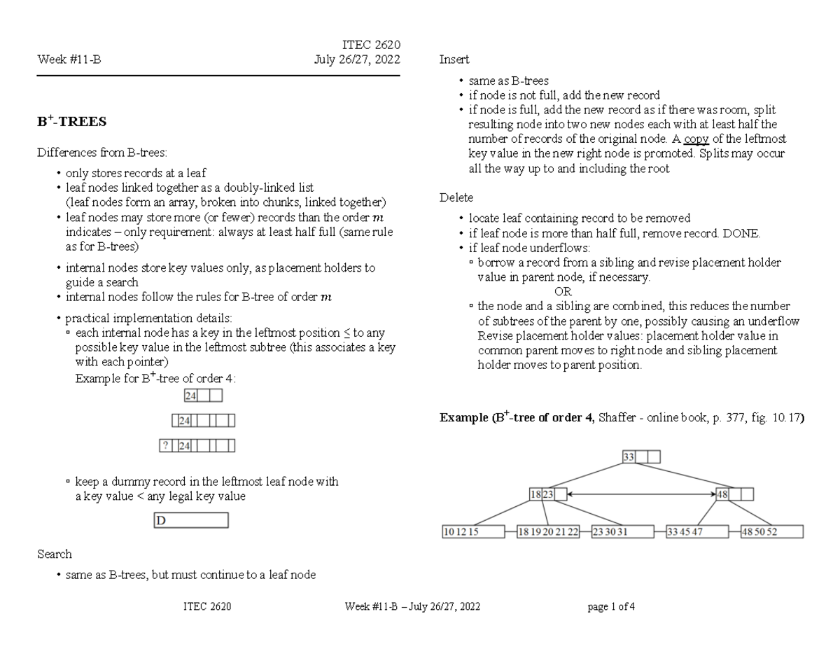 B tree - Teacher's notes - ITEC 2620 Week #11-B July 26/27, 2022 B+ ...