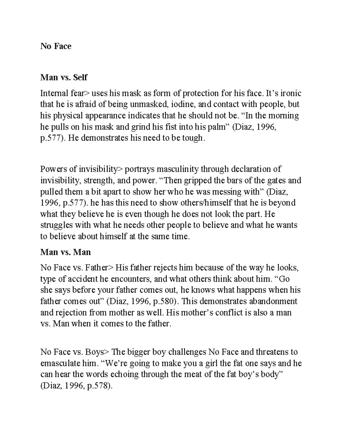 Four Story Notes - No Face Man vs. Self Internal fear> uses his mask as ...