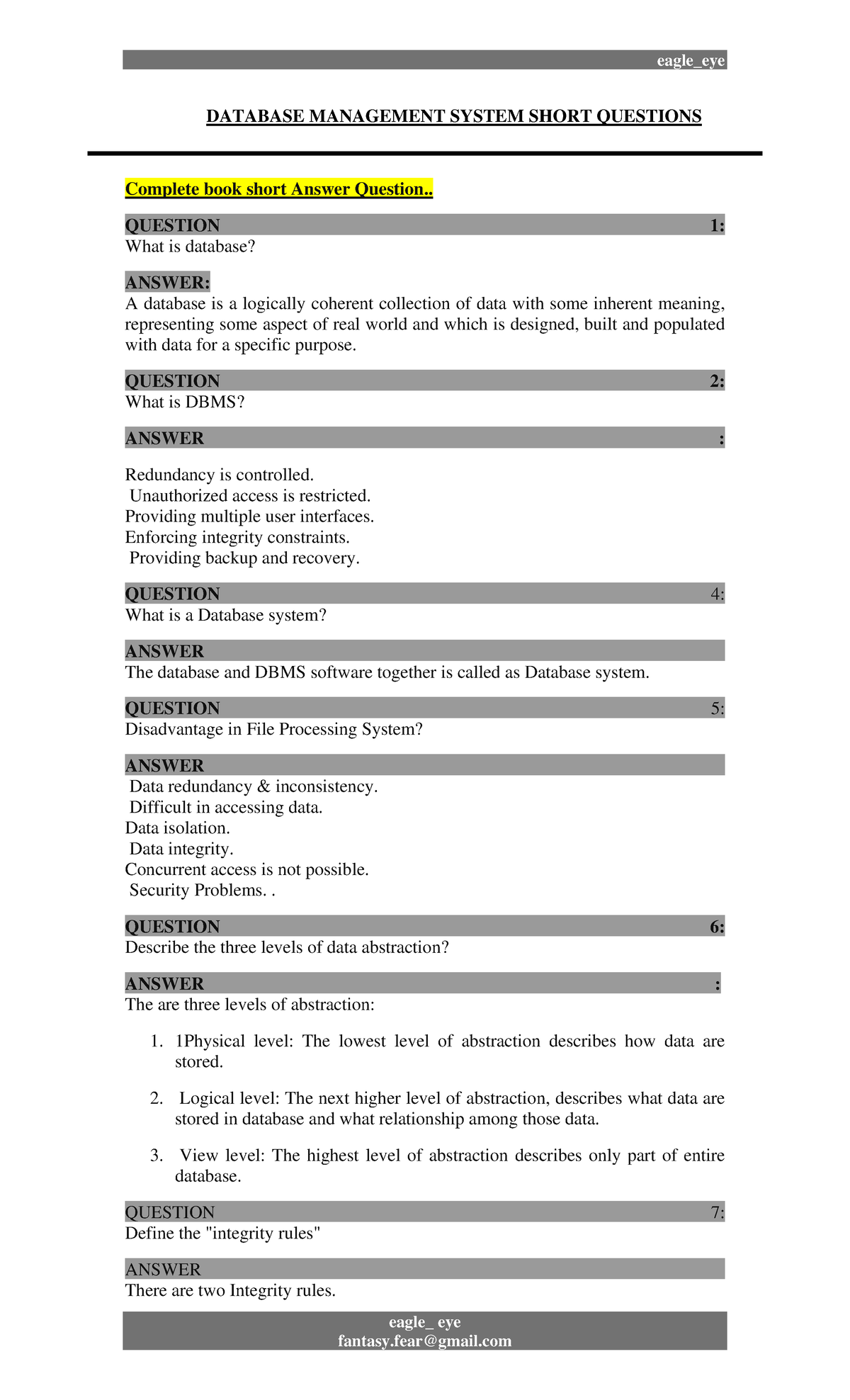 CS403 Short Question Solved (VUAnswer - eagle_ eye DATABASE MANAGEMENT SYSTEM SHORT QUESTIONS ...