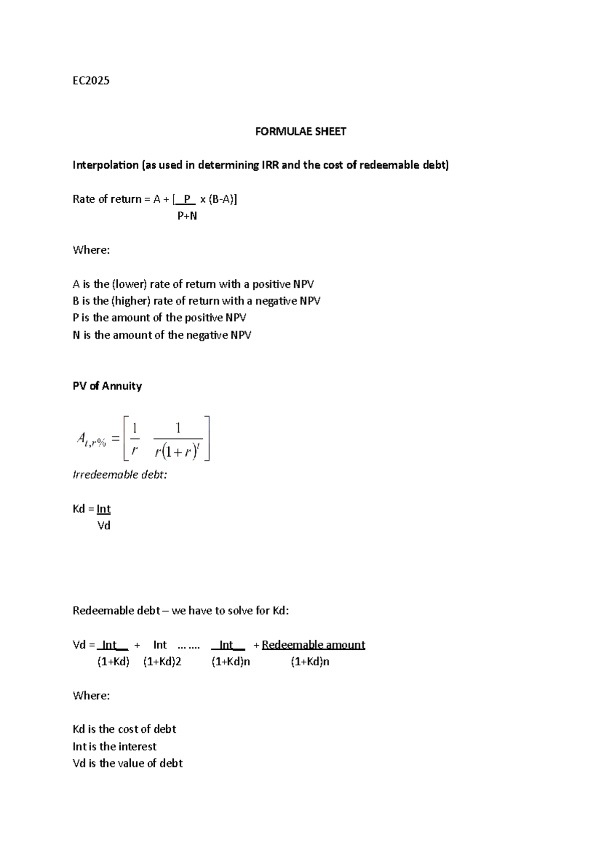 EC2025 Formulae Sheet - approved - EC FORMULAE SHEET Interpolation (as used in determining IRR ...