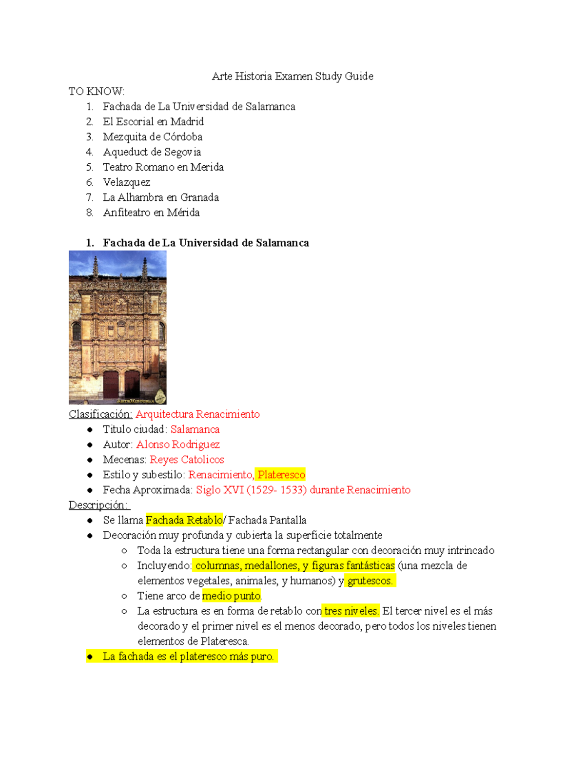 Art History Exam Study Guide - Arte Historia Examen Study Guide TO KNOW ...