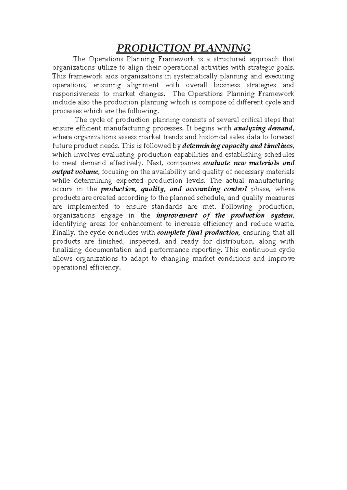 Group-WORK - Explanation of production planning - PRODUCTION PLANNING ...