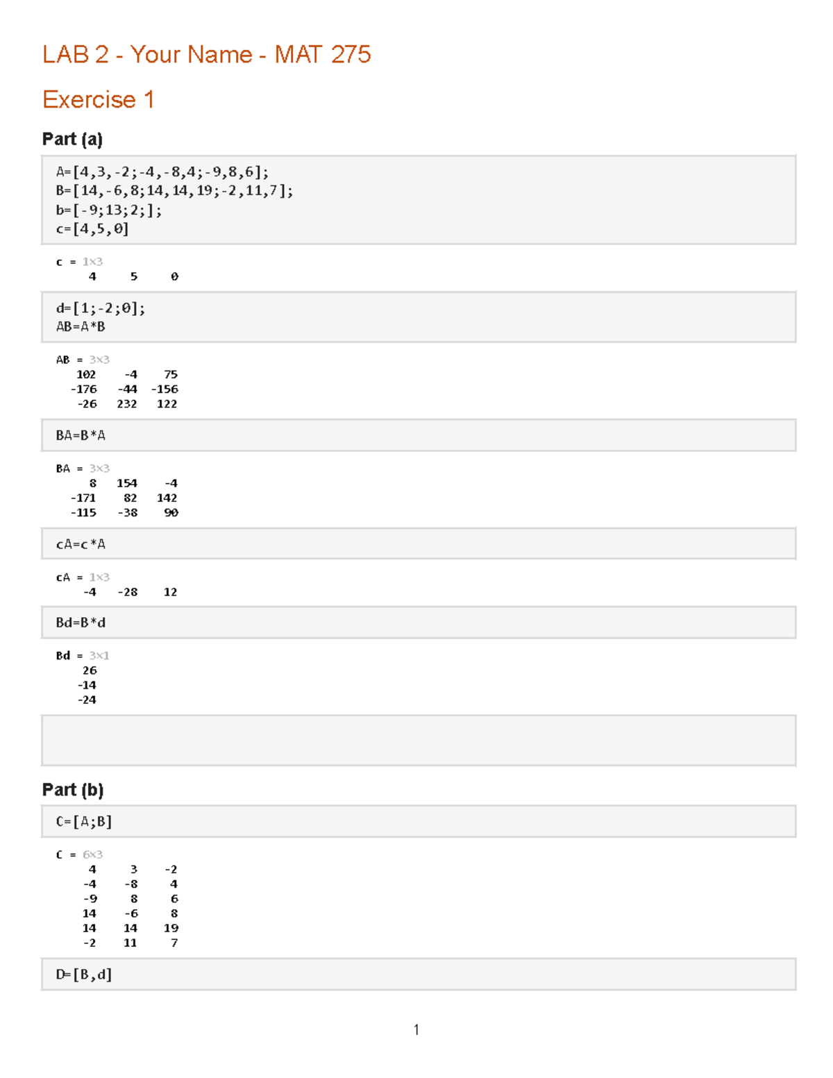 Lab 2 template - Mat laqb 2 assigment - LAB 2 - Your Name - MAT 275 Exercise 1 Part (a) - Studocu