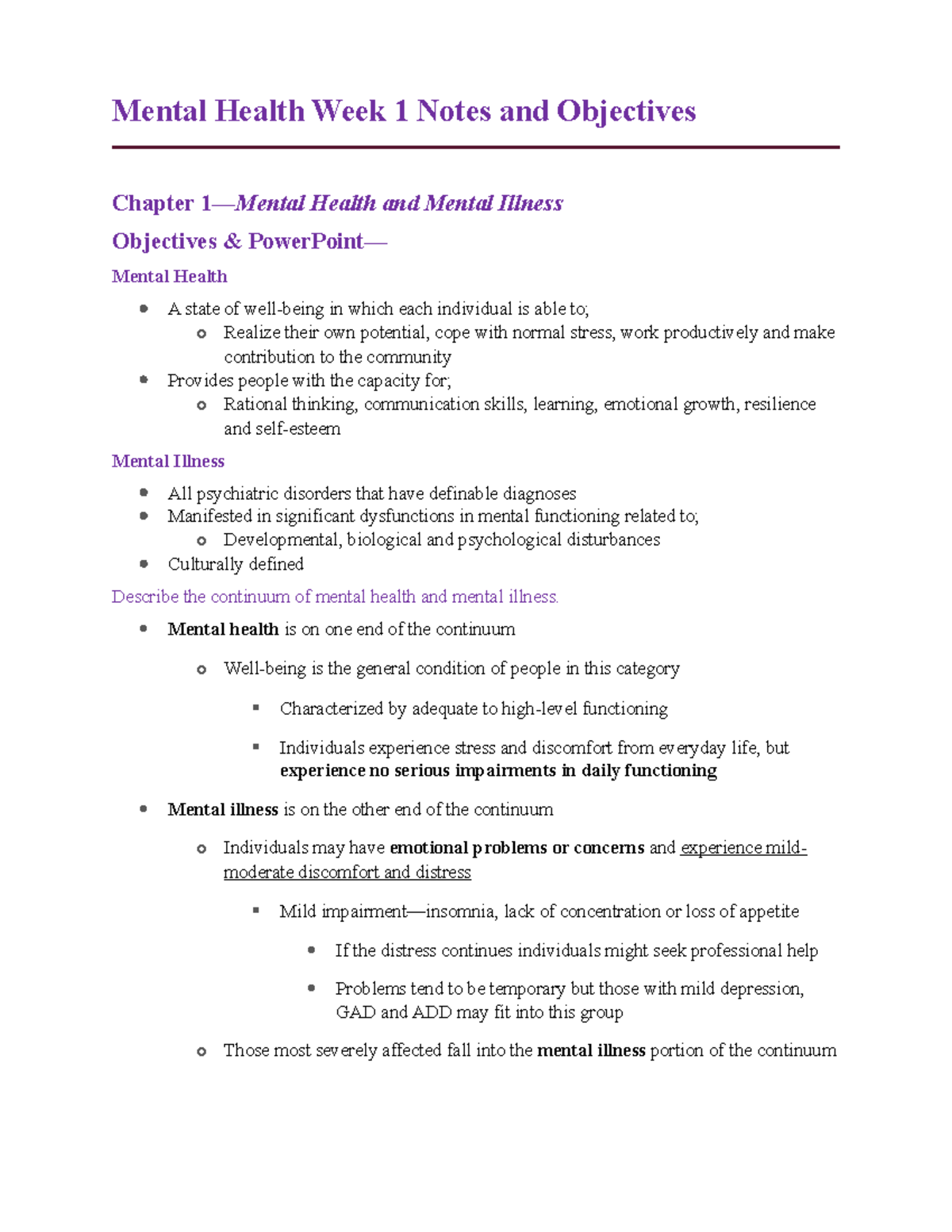 MH Week 1 Notes and Objectives - Mental Health Week 1 Notes and ...