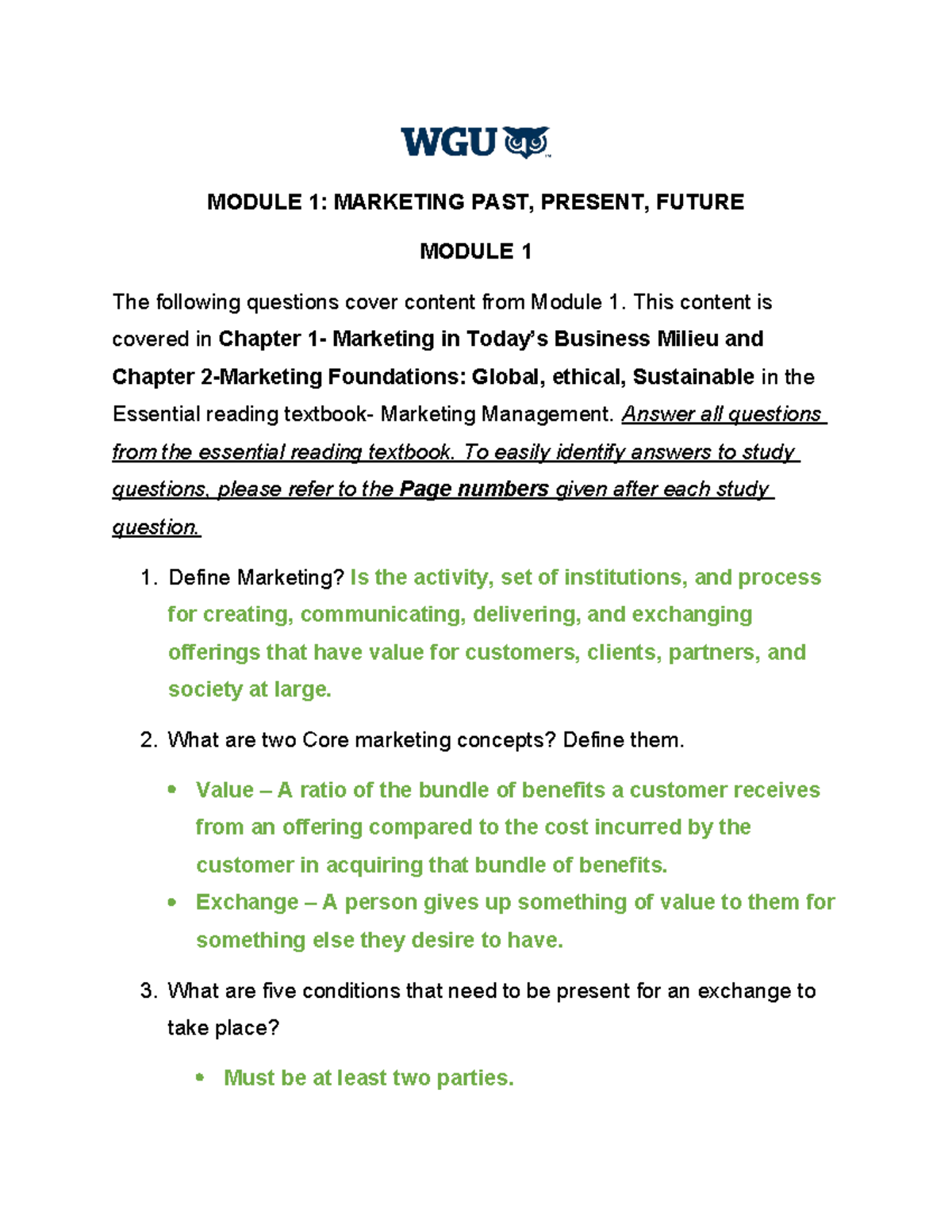 D174 Complete Study guide questions - MODULE 1: MARKETING PAST, PRESENT, FUTURE MODULE 1 The ...