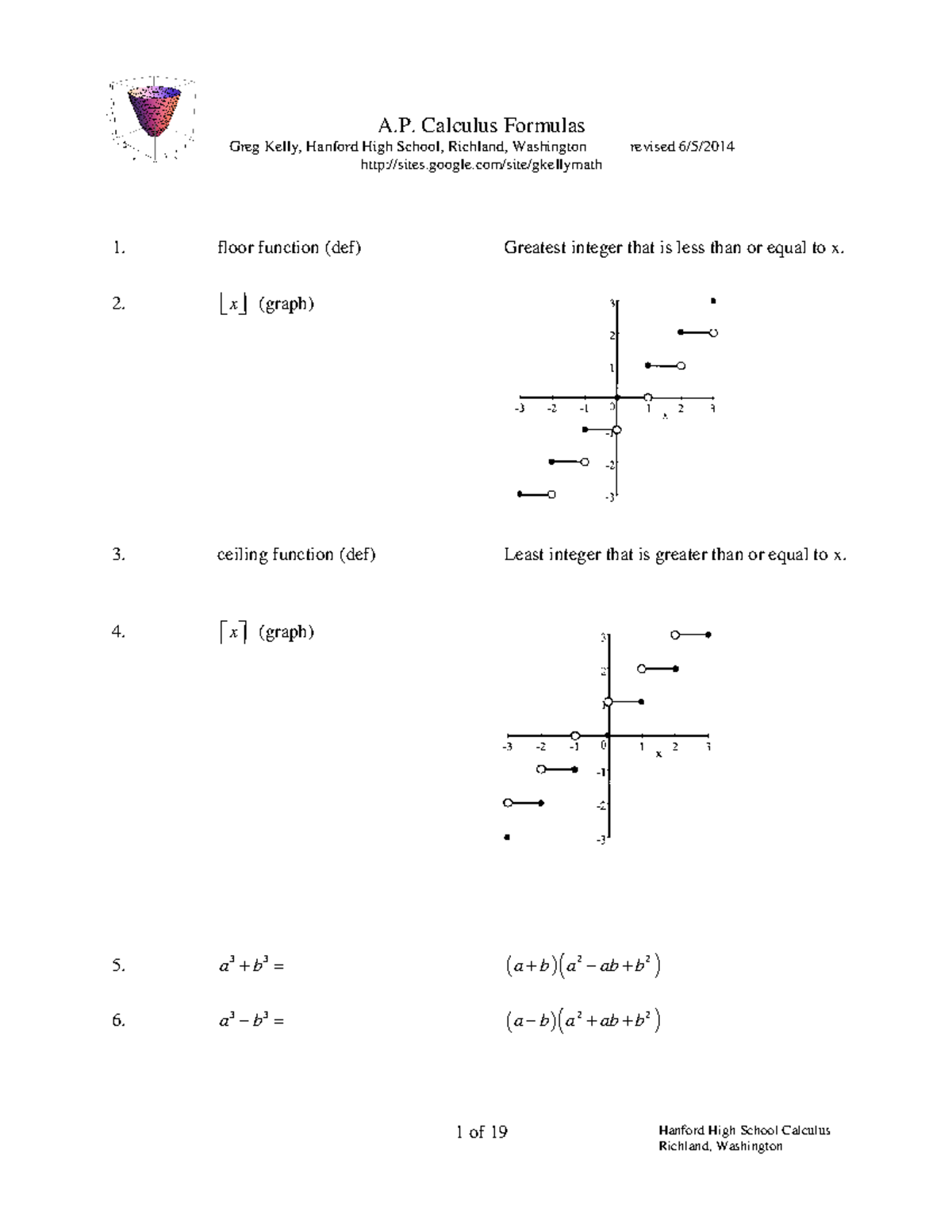 Calculus Formulas - Hanford High School Calculus 1 of 19 A. Calculus ...