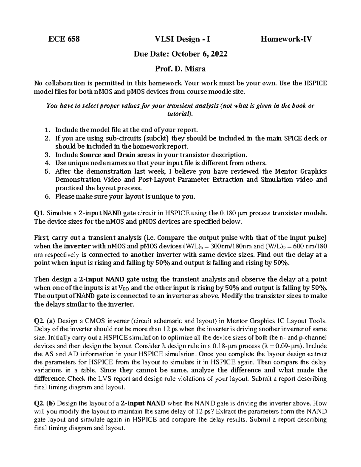HW-4 f22 - homework questions - ECE 658 VLSI Design - I Homework-IV Due ...