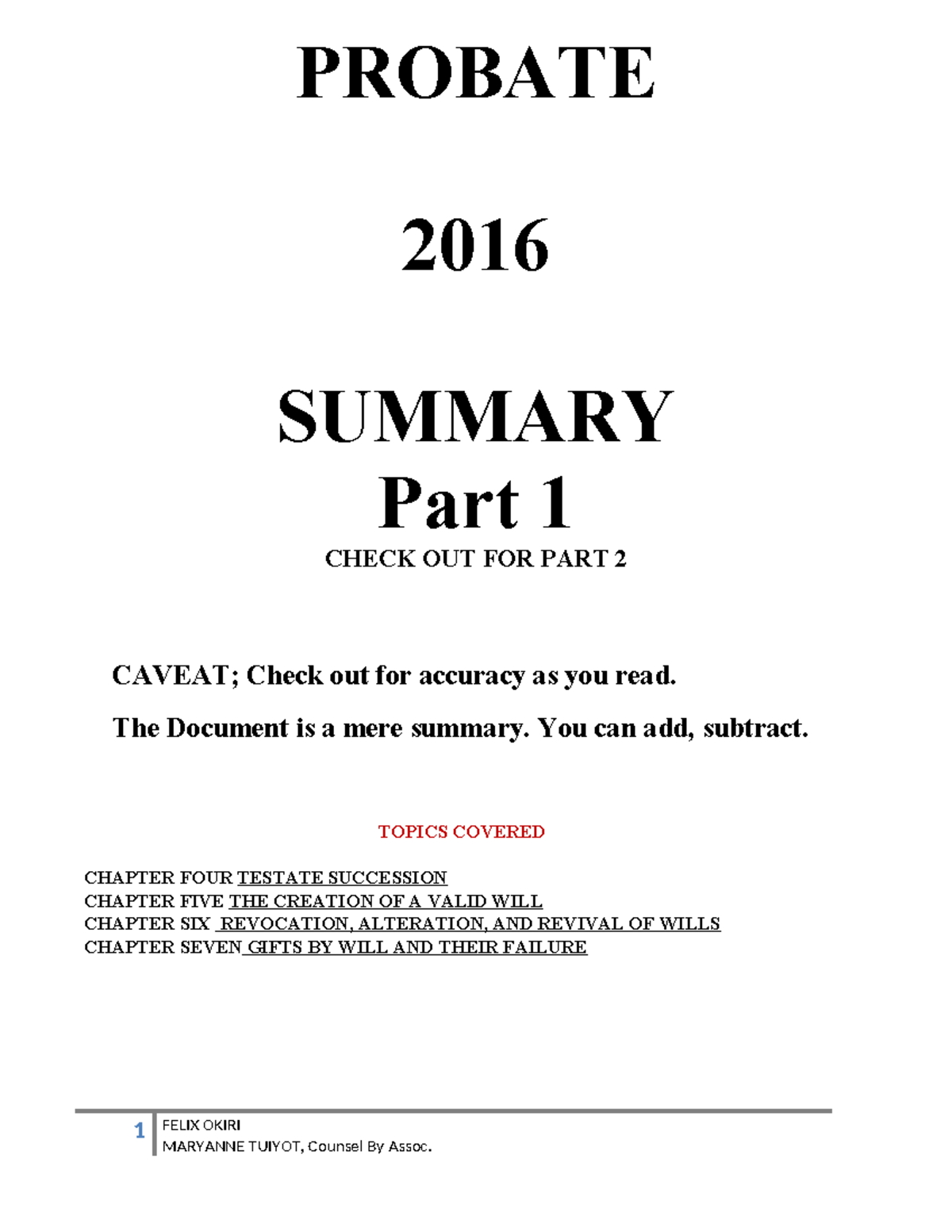 PART 1 Probate AND Administration Brief - PROBATE 2016 SUMMARY Part 1 ...