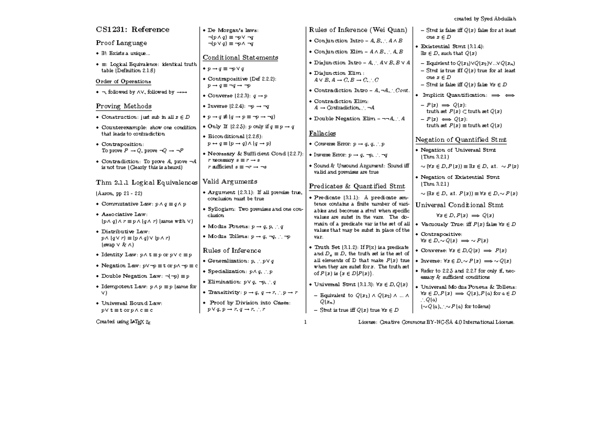 Cheatsheet-summary-discrete-structures compress - CS1231: Reference Proof Language ∃!: Exists a ...