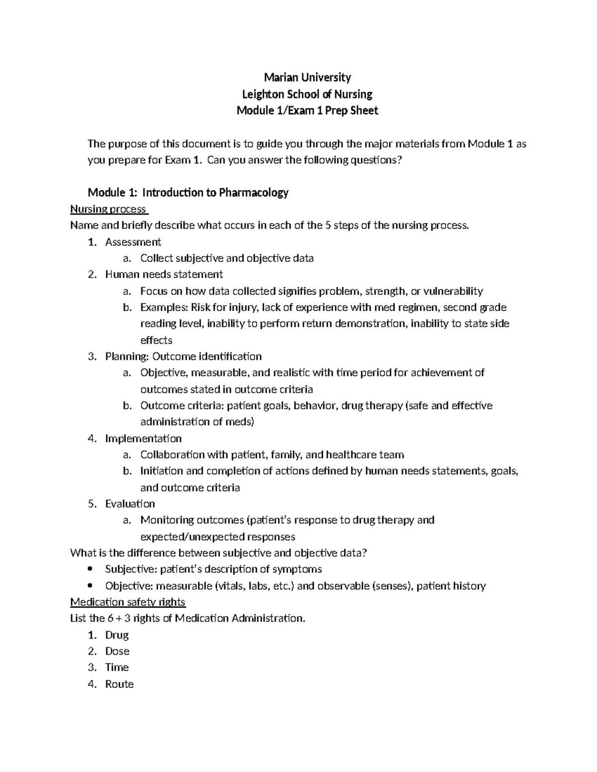 EXAM 1 251 - Study guide - Marian University Leighton School of Nursing ...